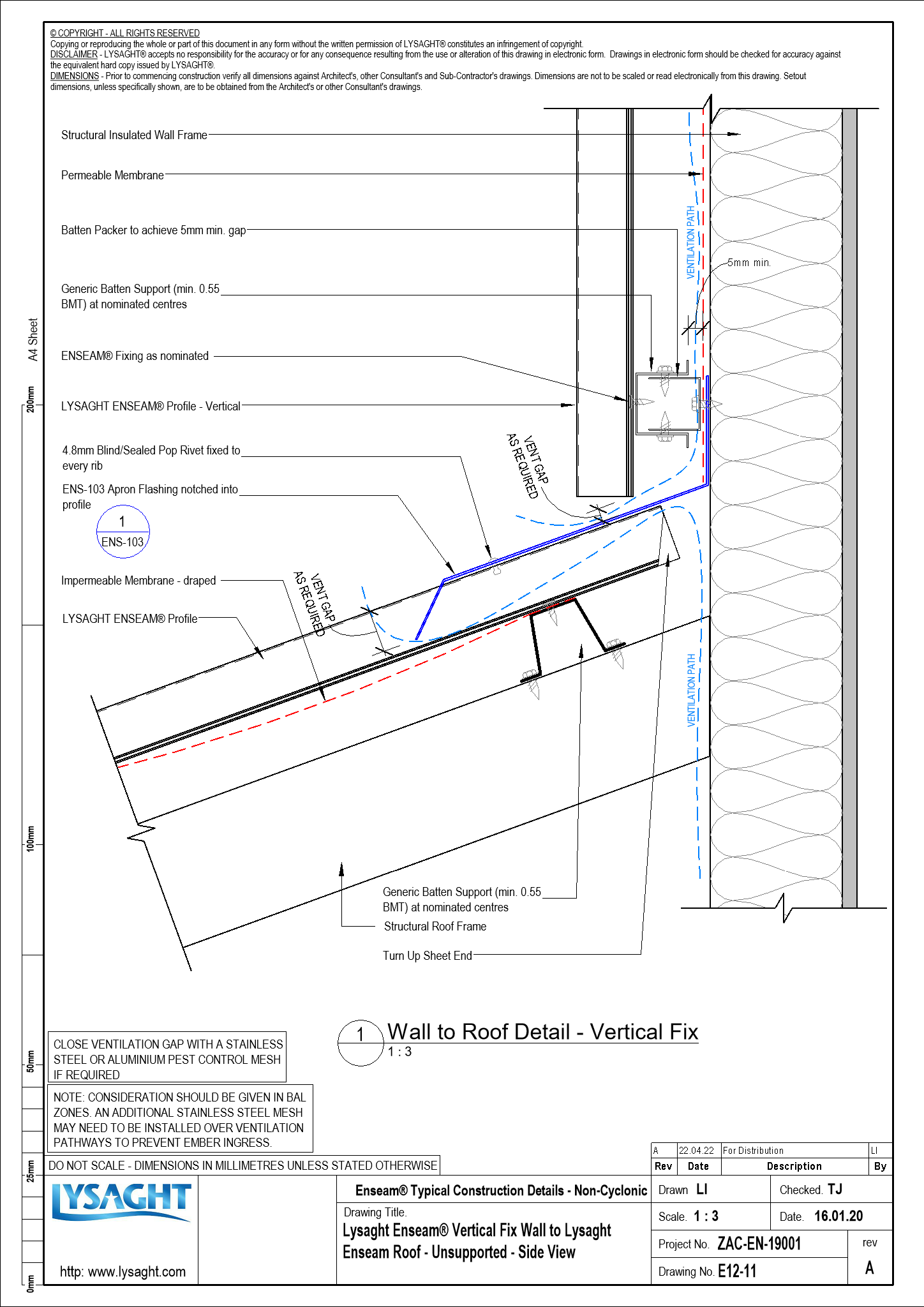 E12-11 - Lysaght Enseam® Vertical Fix Wall to Lysaght Enseam Roof - Unsupported - Side View ...